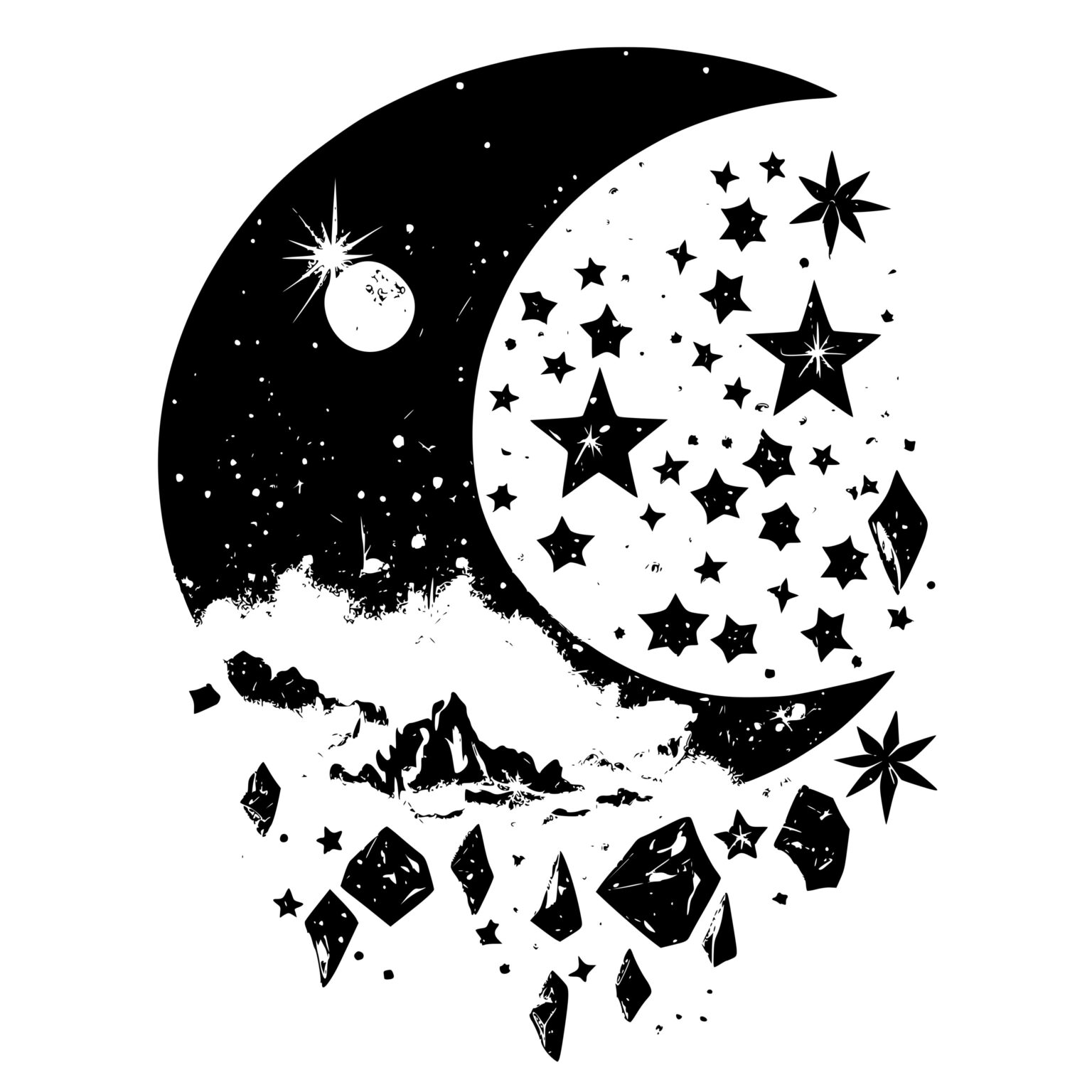 Celestial Crystal Cluster with Moon and Stars – Creative Meadow