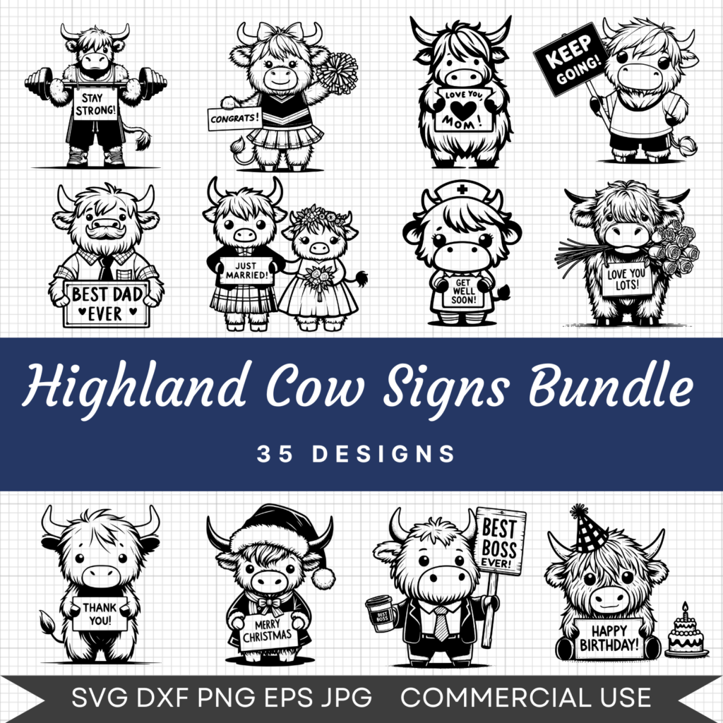 Highland Cow Signs Bundle – 35 Instant Download Svg Images – Creative ...