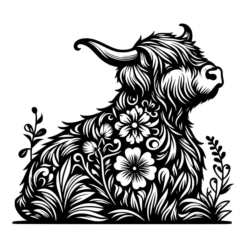 Blossom Fur Highland Cow Design: SVG, PNG, DXF for Cricut & More