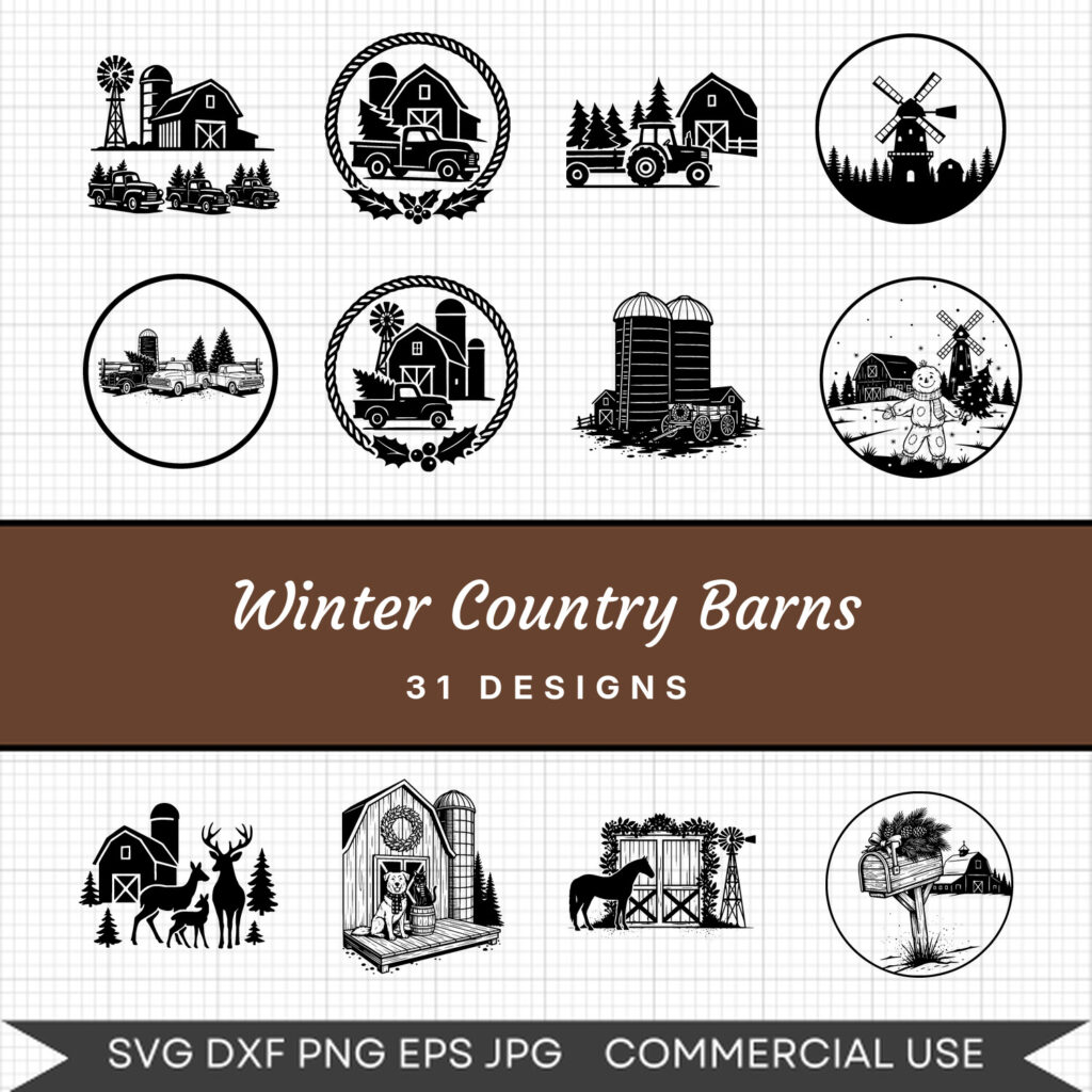 Winter Country Barns – 31 Instant Download Svg Images – Creative Meadow