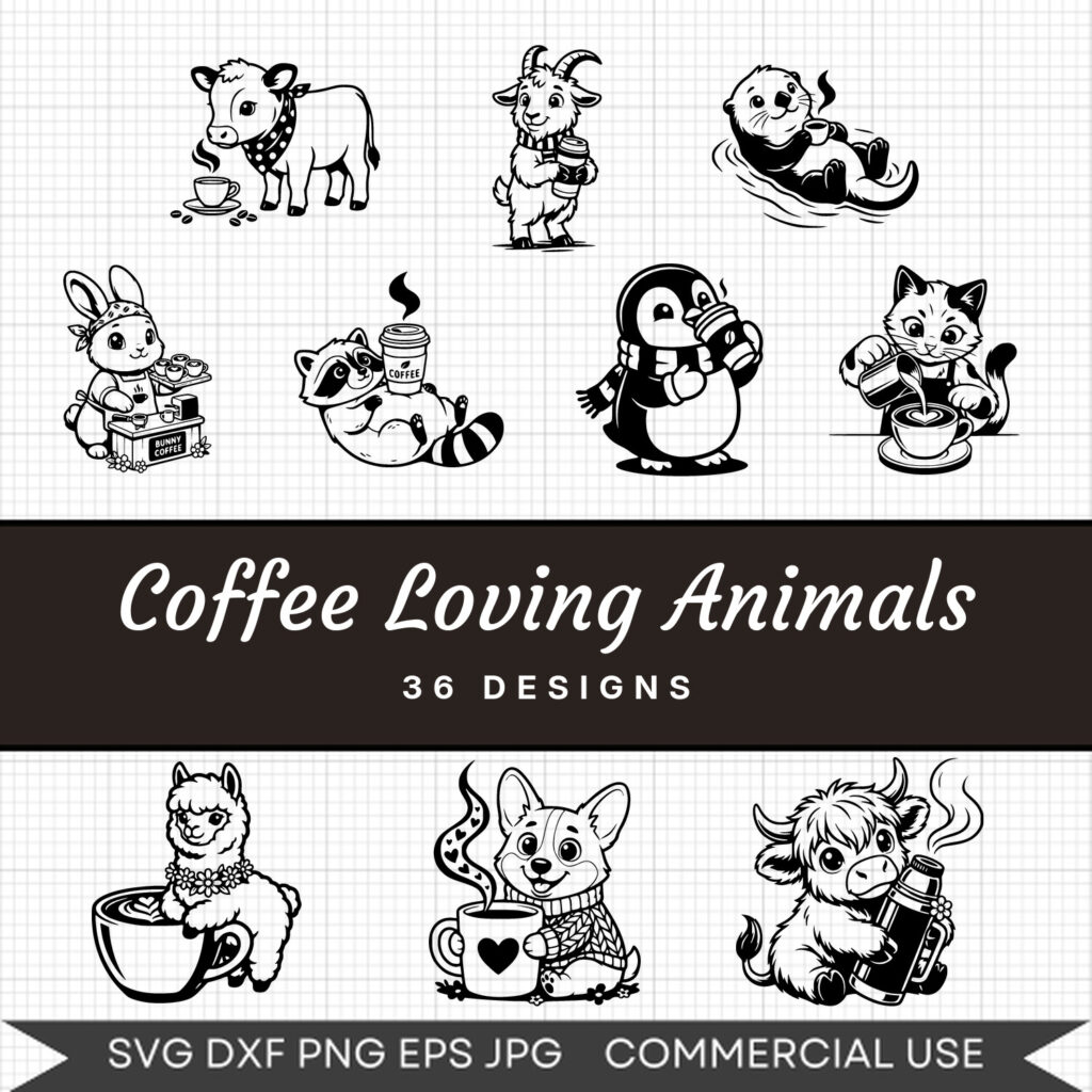 Coffee Loving Animals – 36 Instant Download Svg Images – Creative Meadow